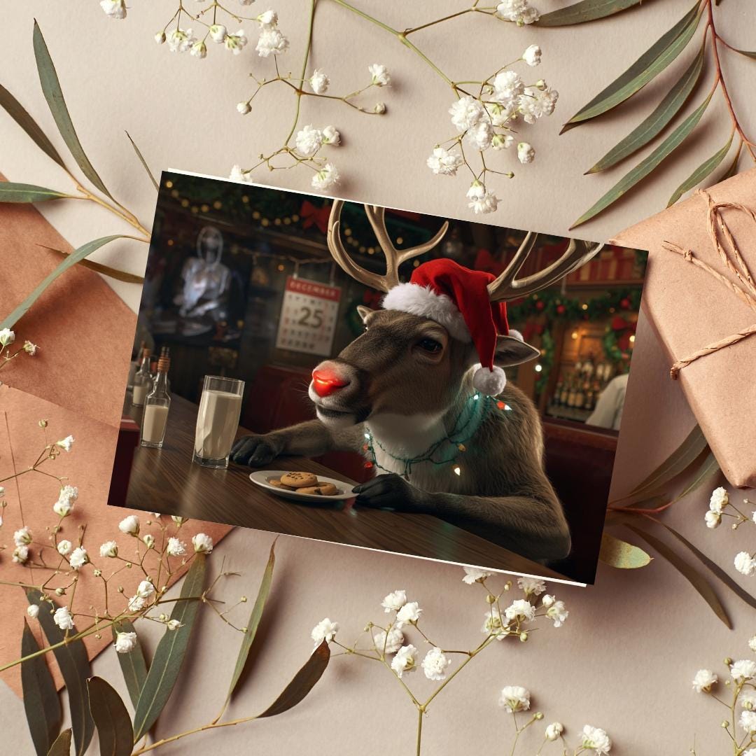 Funny Rudolph Reindeer at Bar Christmas Art – Tired Reindeer Drinking ...