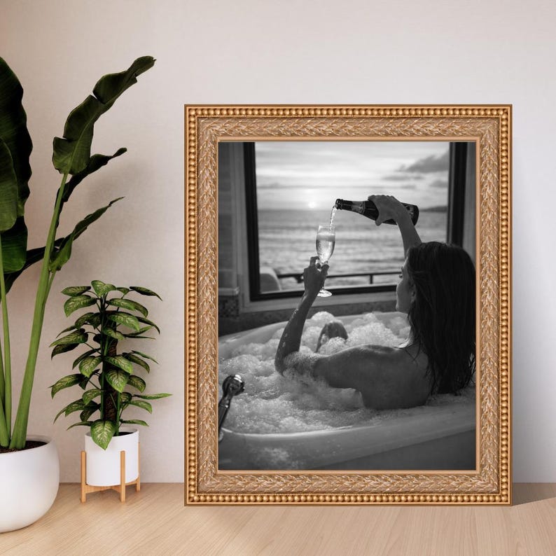 Champagne Bath Print, Black and White Photography, Feminine Bathroom ...