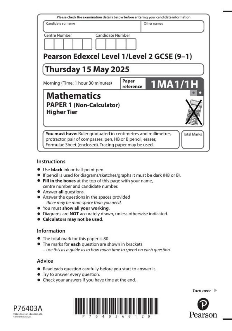 2025 Pearson Edexcel Gcse Mathematics Paper 1 and Mark Scheme Combined ...