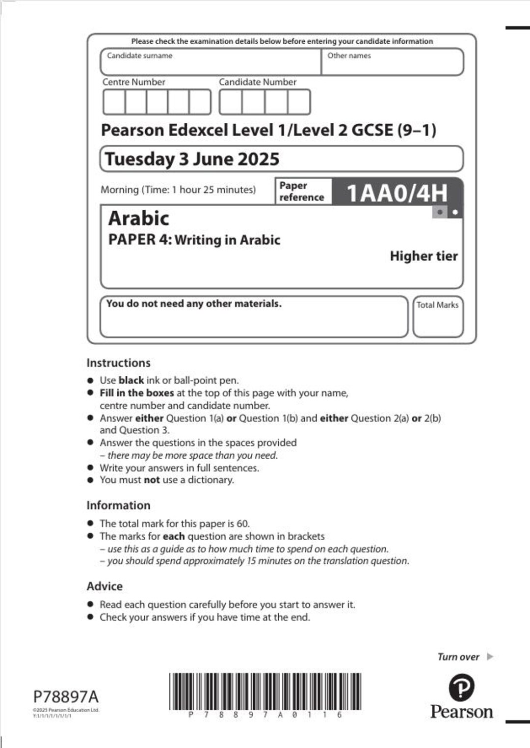 2025 Pearson Edexcel Gcse Arabic Paper 4 and Mark Scheme Combined 1aa0 ...