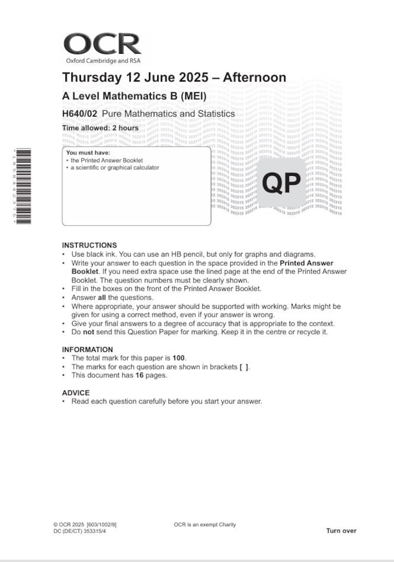 2025 OCR A Level Mathematics B Paper 2 and Mark Scheme Combined H640 02 ...