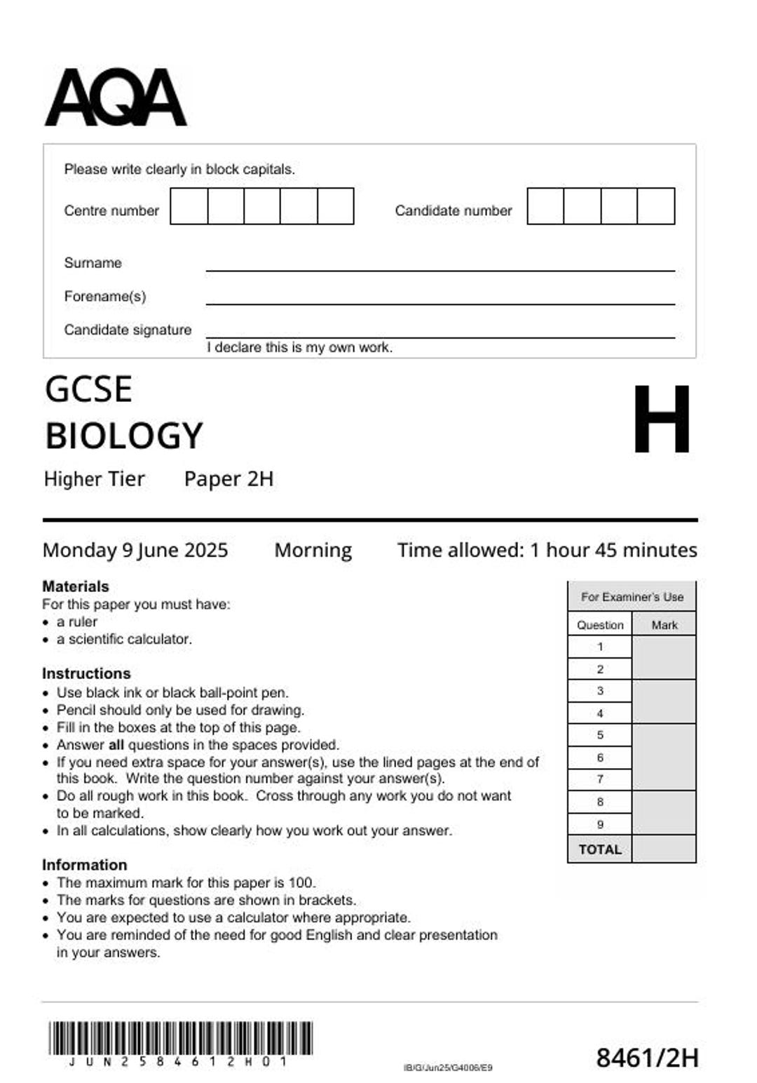 2025 AQA GCSE Biology Paper 2 and Mark Scheme Combined 8461 2h - Etsy