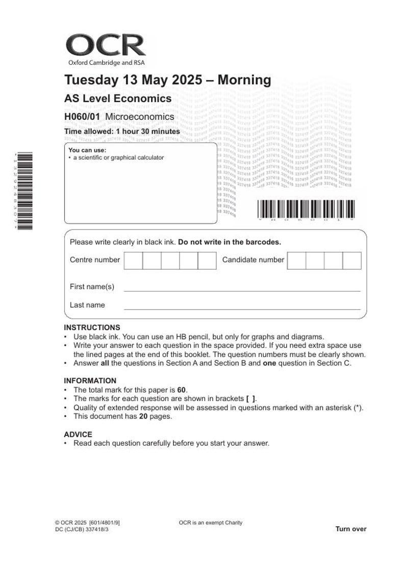 2025 OCR AS Level Economics Paper 1 and Mark Scheme Combined H060 01 - Etsy