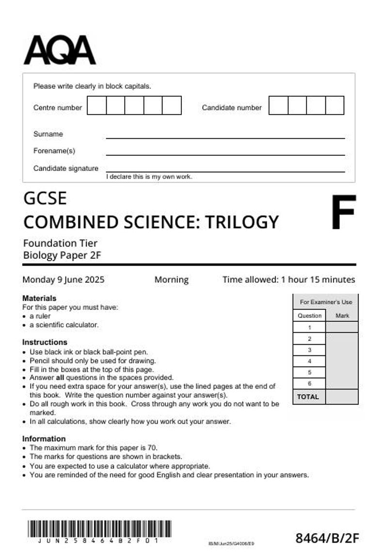 2025 AQA GCSE Combined Science Foundation Tier Biology Paper 2 and Mark ...