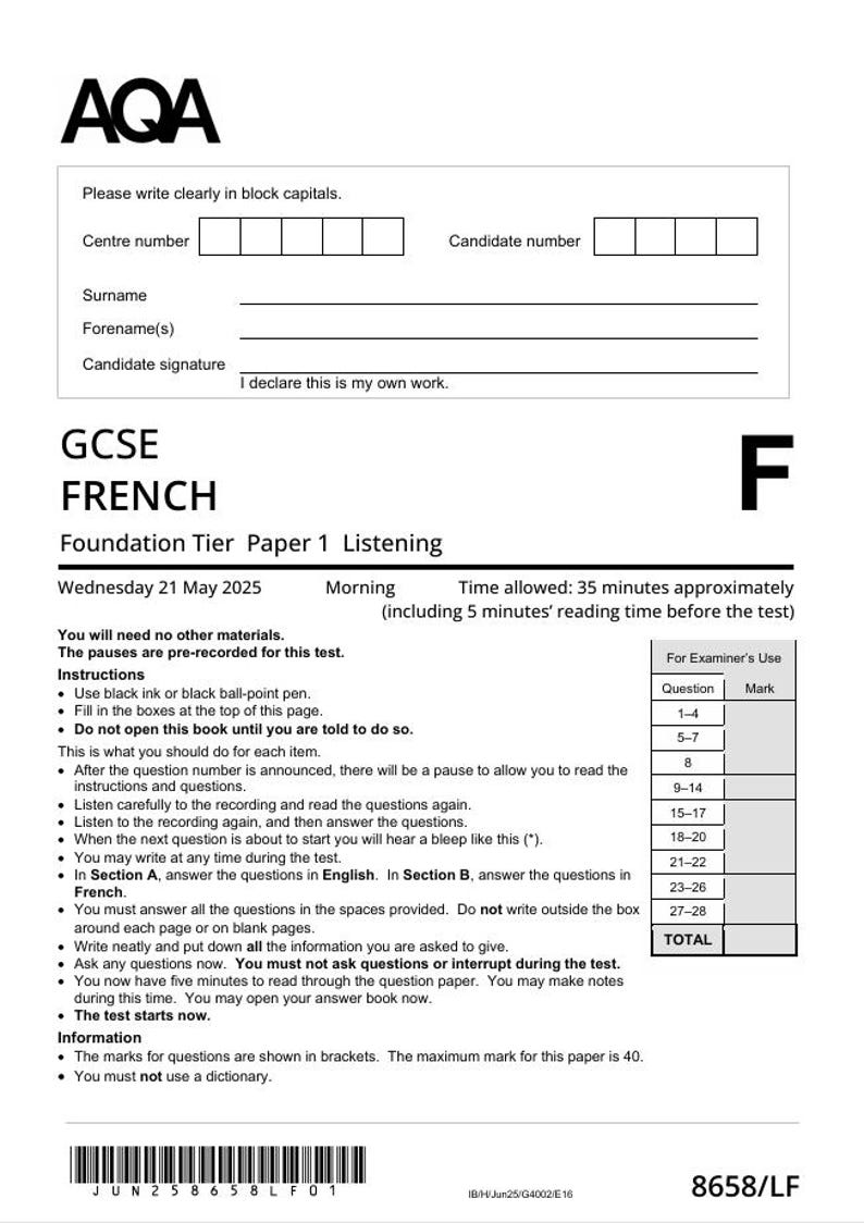 2025 AQA GCSE French Foundation Tier Paper 1 + Mark Scheme Listening ...