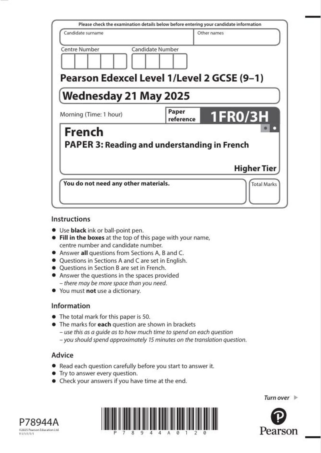 2025 Pearson Edexcel Gcse French Paper 3 and Mark Scheme Combined 1fr0 ...