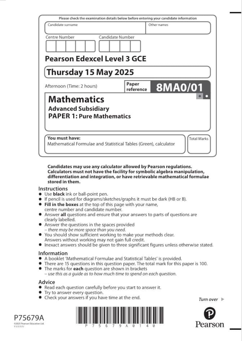 2025 Pearson Edexcel AS Level Mathematics Paper 1 and Mark Scheme ...