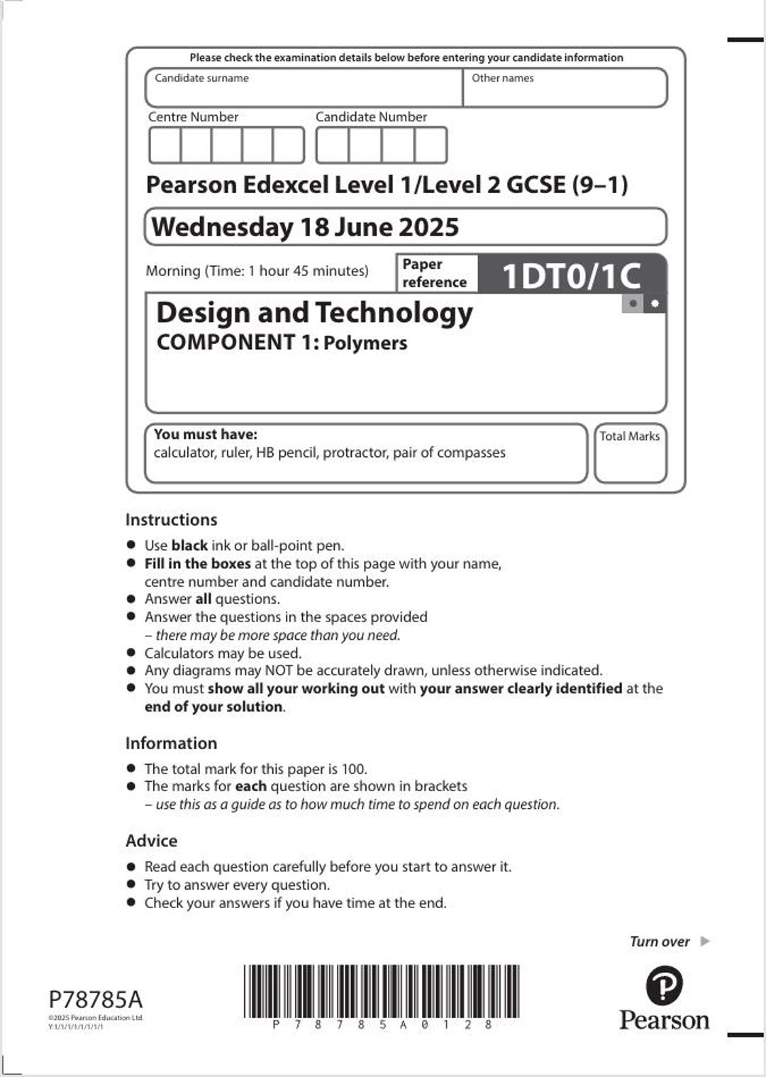 2025 Pearson Edexcel Gcse Design and Technology Paper 1 and Mark Scheme ...