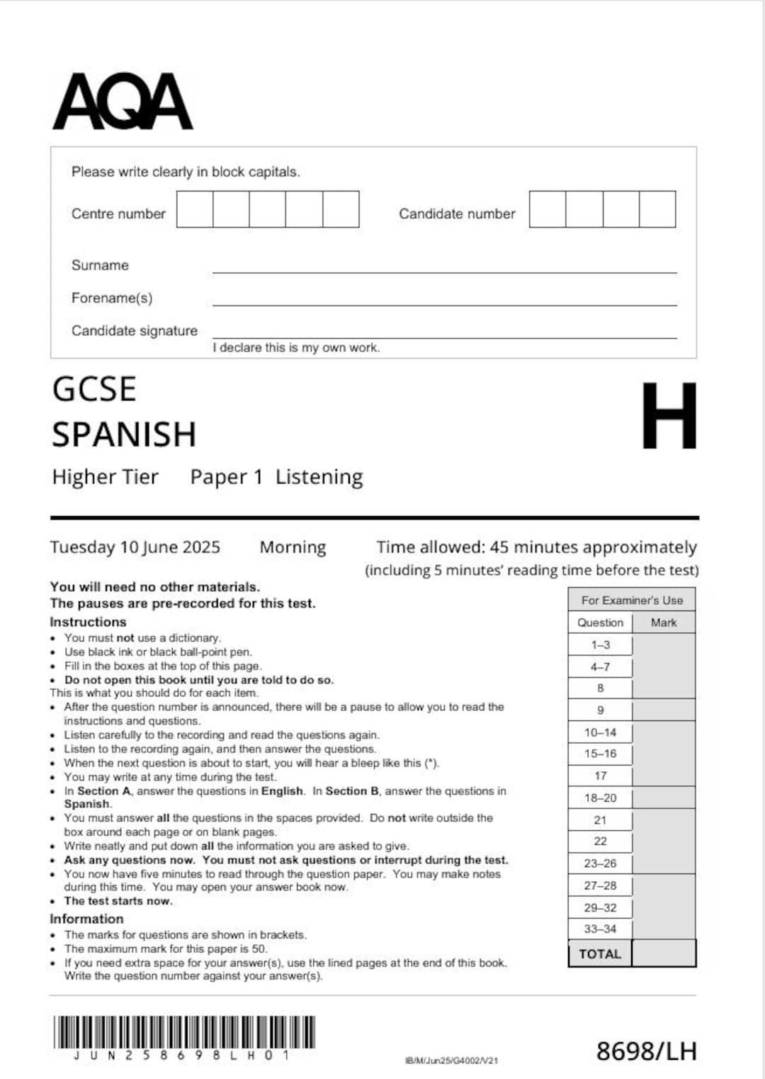 2025 AQA GCSE Spanish Higher Tier Paper 1 + Mark Scheme Listening 8698 ...