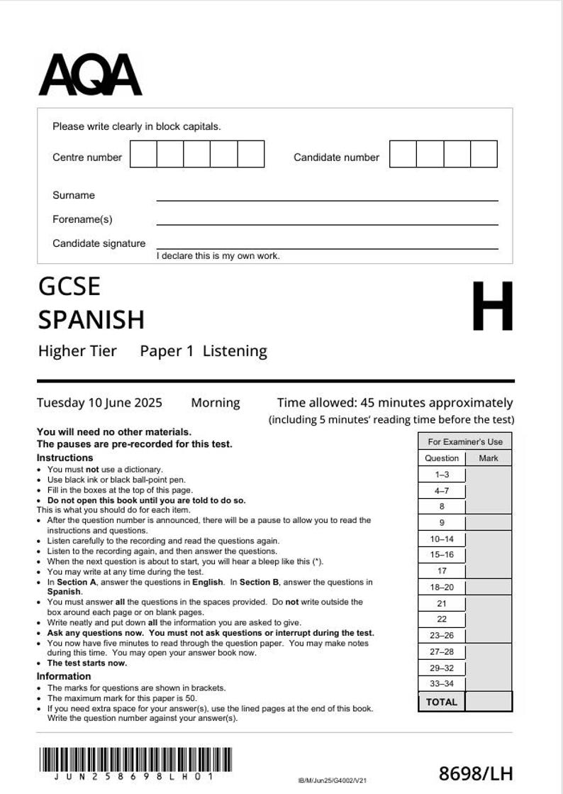 2025 AQA GCSE Spanish Higher Tier Paper 1 + Mark Scheme Listening 8698 ...