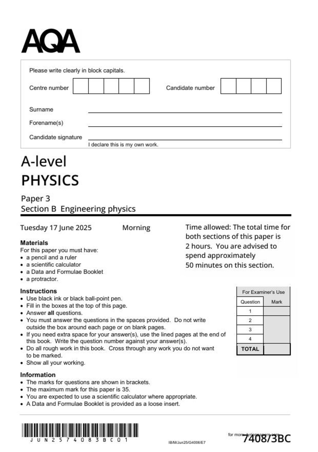2025 AQA A Level Physics Paper 3 and Mark Scheme Combined 7408 3bc - Etsy