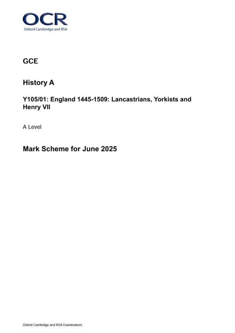 2025 OCR A Level History a Paper 1 and Mark Scheme Combined Y105 01 ...