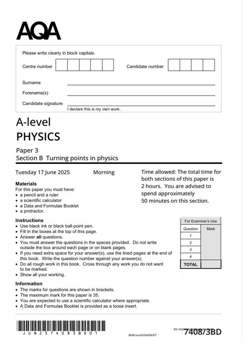 2025 AQA A Level Physics Paper 3 and Mark Scheme Combined 7408 3bd - Etsy
