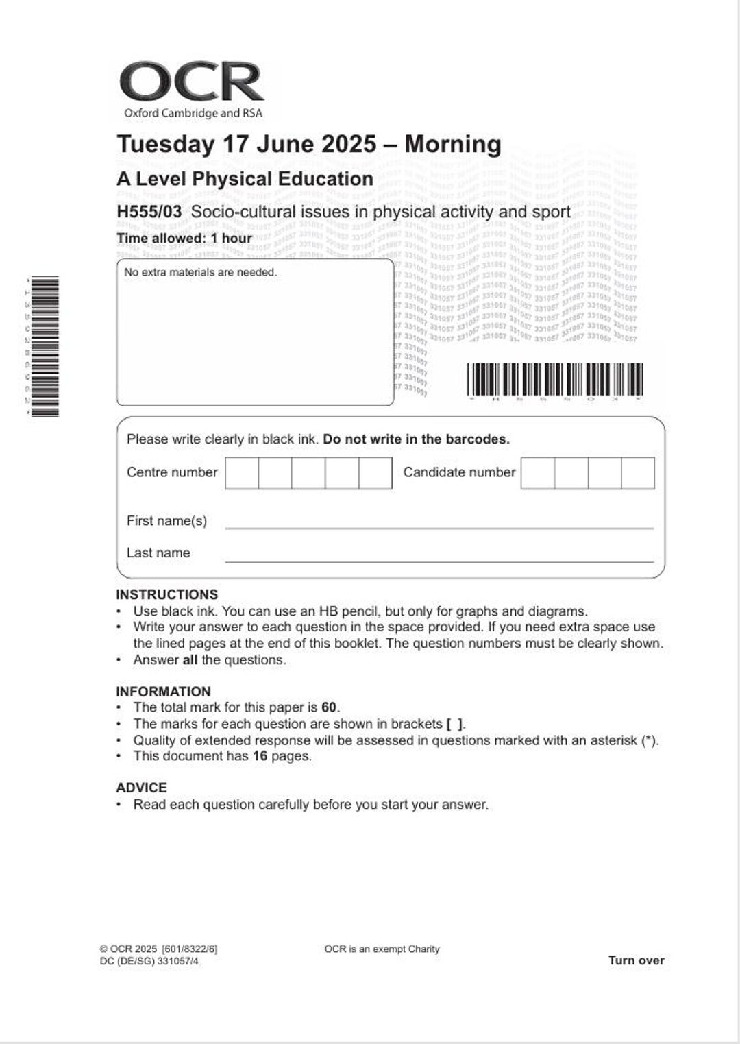 2025 OCR A Level Physical Education Paper 3 and Mark Scheme Combined ...