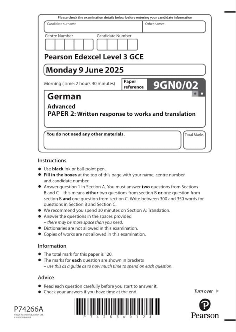 2025 Pearson Edexcel A Level German Paper 2 and Mark Scheme Combined ...