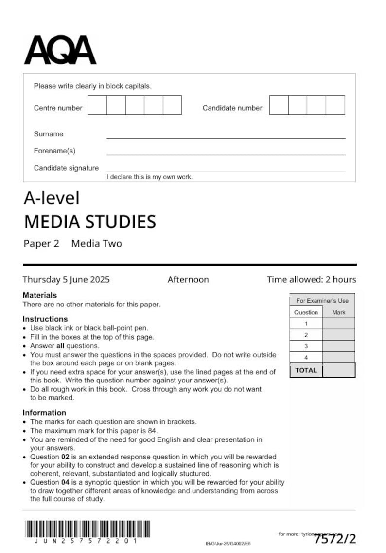 2025 AQA A Level Media Studies Paper 2 and Mark Scheme Combined 7572 2 ...