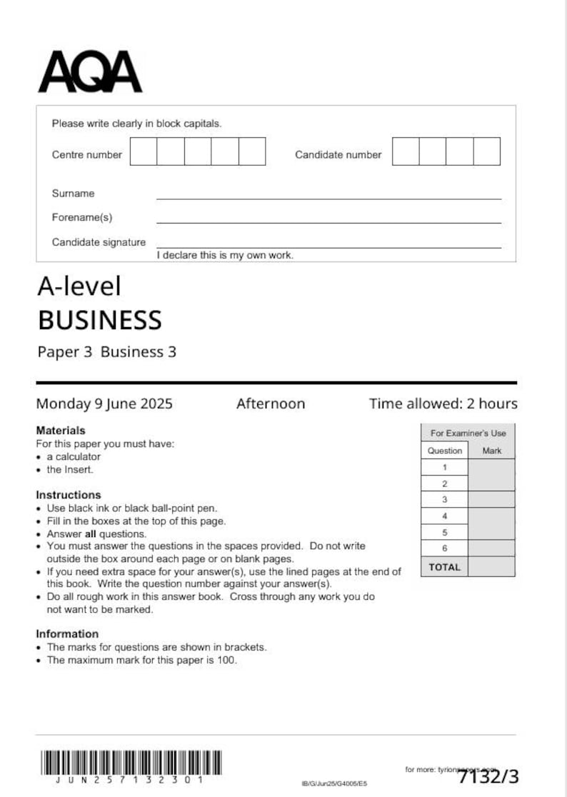 2025 AQA A Level Business Paper 3 and Mark Scheme Combined 7132 3 ...
