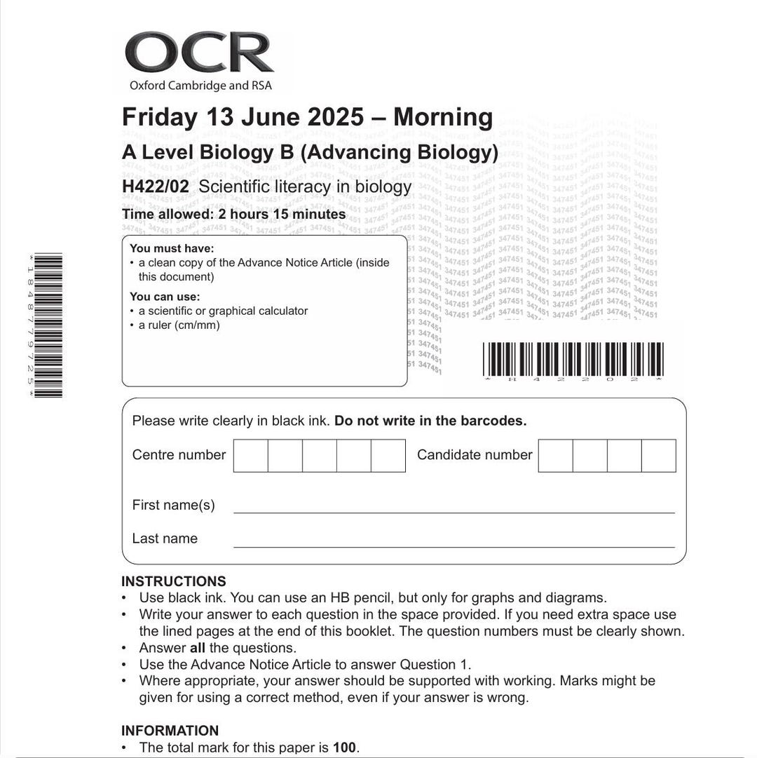2025 Ocr a Level Biology B Paper 2 Mark Scheme H42202 - Bundle - Etsy ...