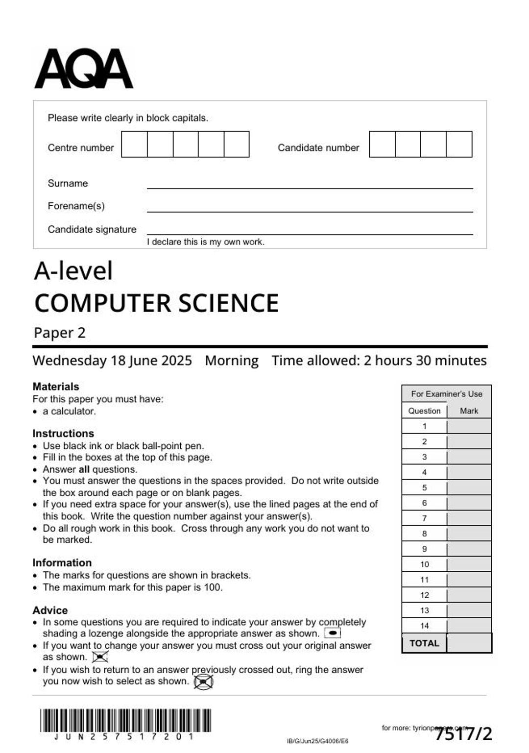 2025 AQA A Level Computer Science Paper 2 and Mark Scheme Combined 7517 ...