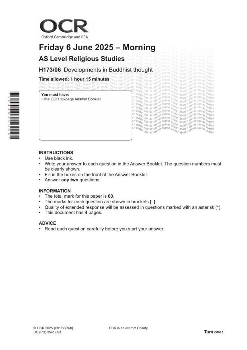 2025 OCR AS Level Religious Studies Paper 6 and Mark Scheme Combined ...
