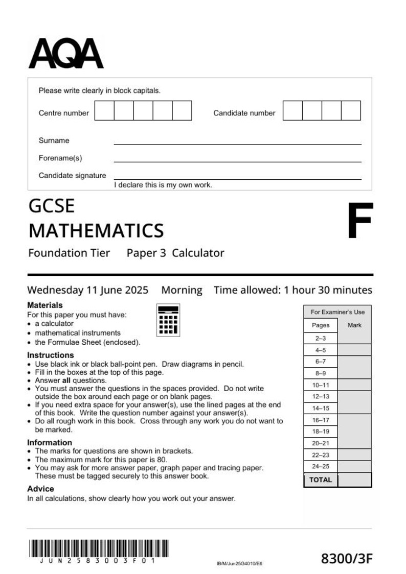 2025 AQA GCSE Mathematics Foundation Tier Paper 3 + Mark Scheme ...