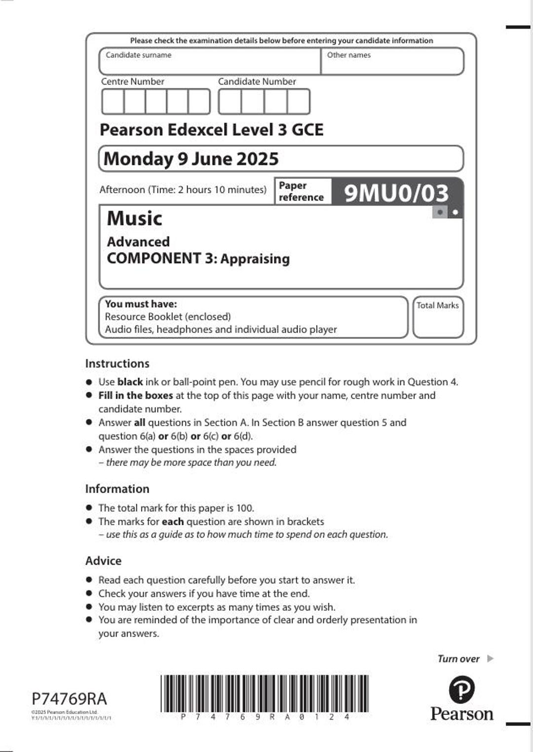 2025 Pearson Edexcel A Level Music Paper 3 and Mark Scheme Combined ...