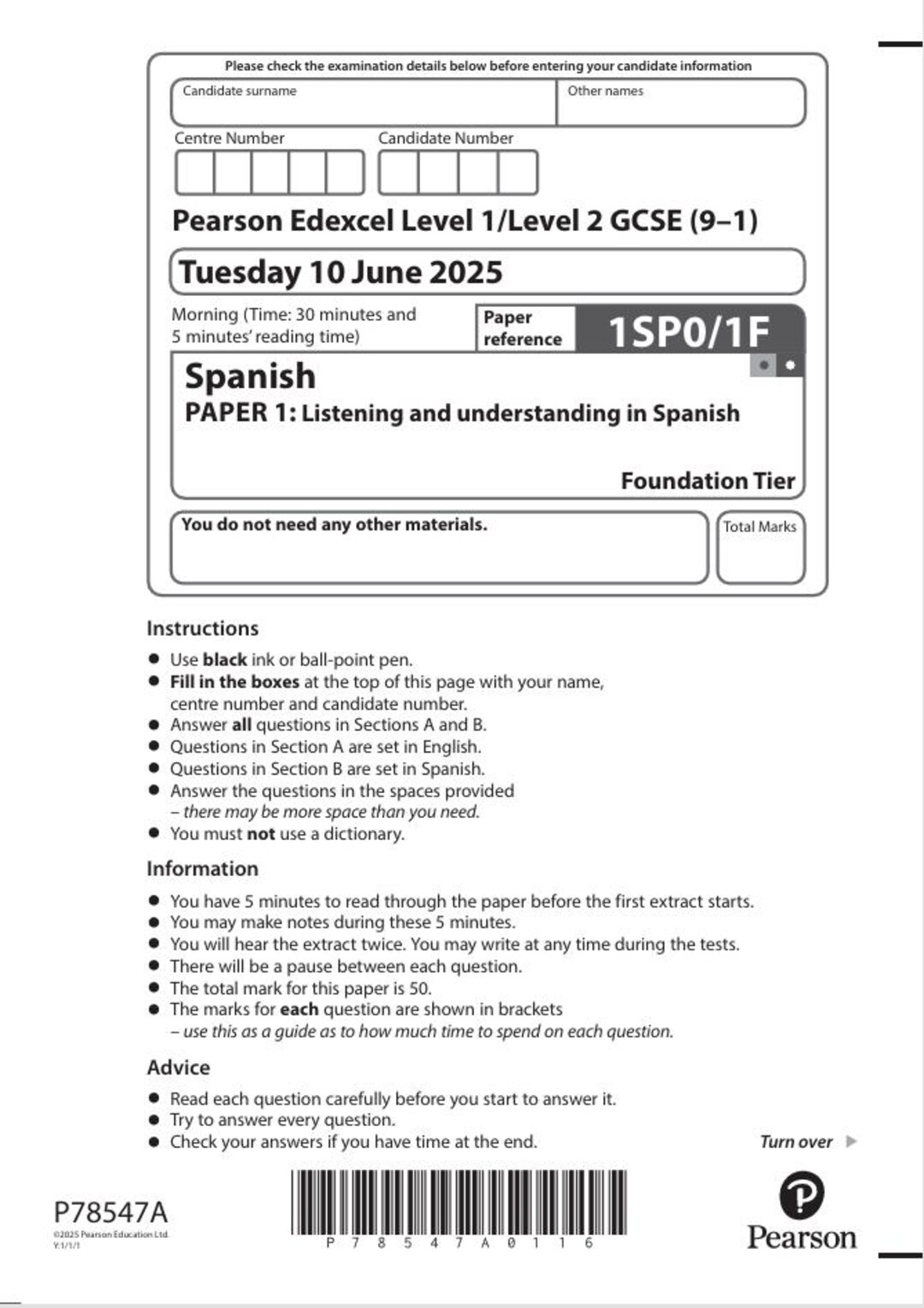 2025 Pearson Edexcel Gcse Spanish Paper 1 and Mark Scheme Combined 1spo ...