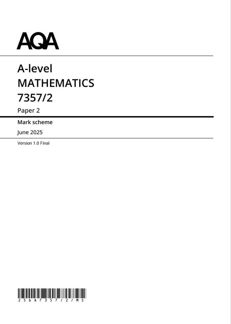 2025 AQA A Level Mathematics Paper 2 and Mark Scheme Combined 7357 2 - Etsy