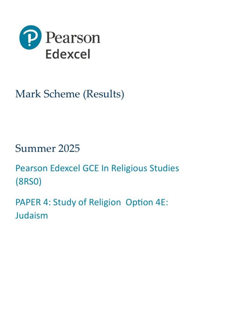 2025 Pearson Edexcel AS Level Religious Studies Paper 4 and Mark Scheme ...