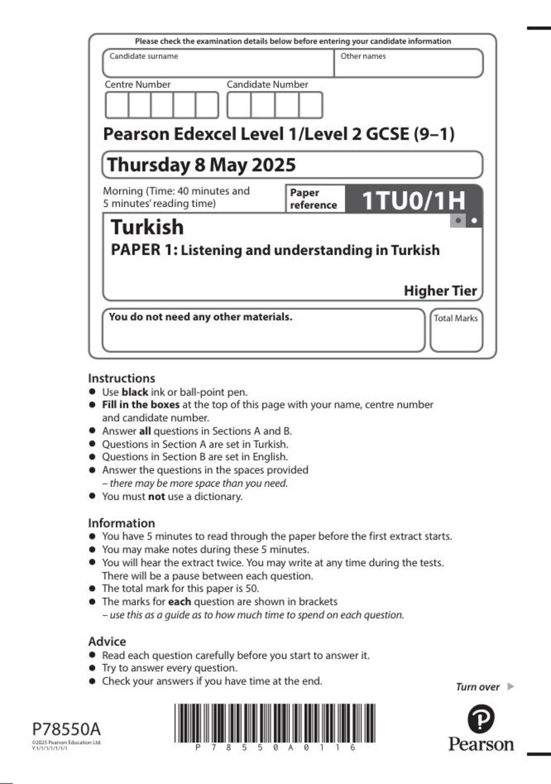 2025 Pearson Edexcel Gcse Turkish Paper 1 and Mark Scheme Combined 1tu0 ...