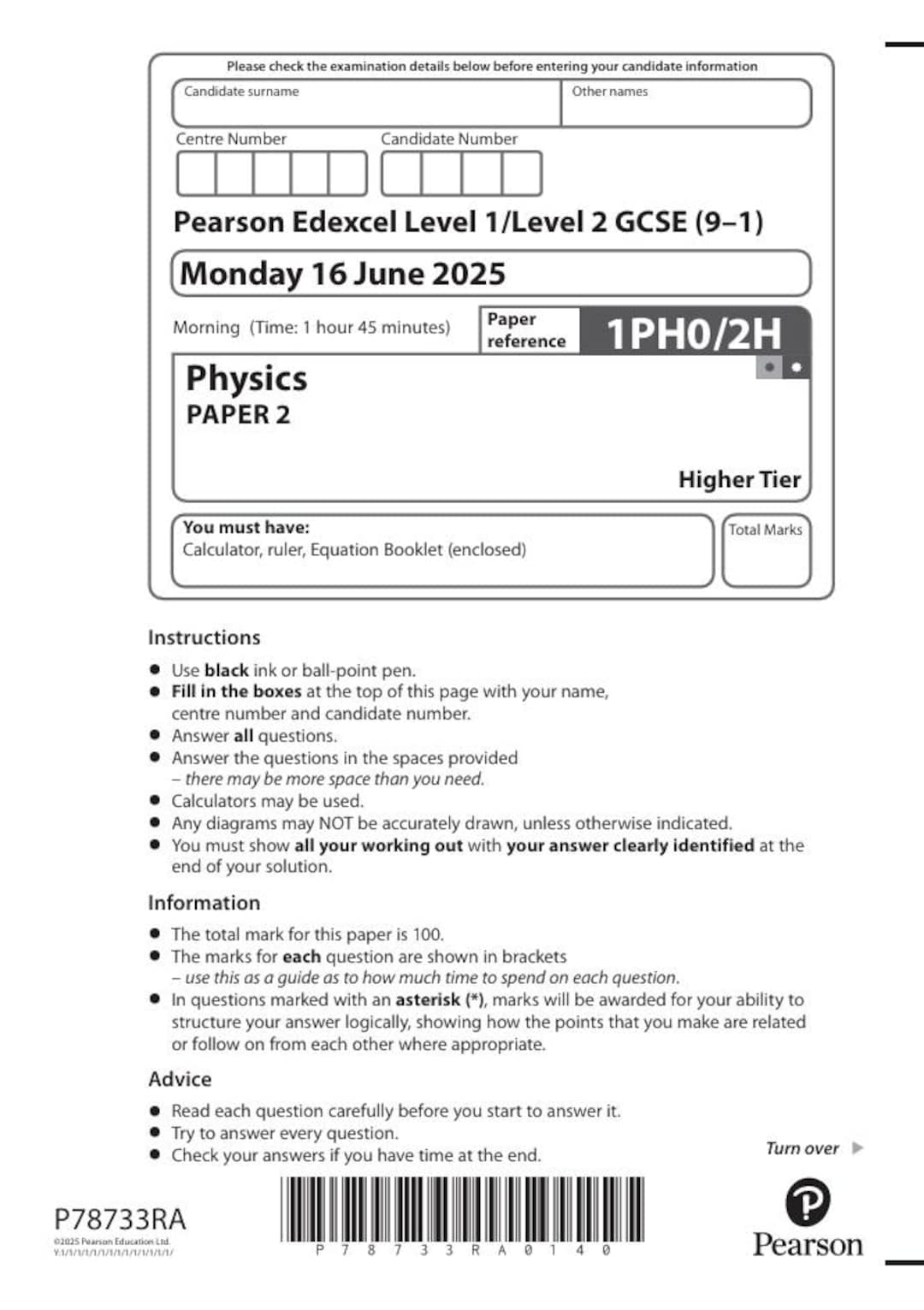 2025 Pearson Edexcel Gcse Triple Science Physics Paper 2 and Mark ...
