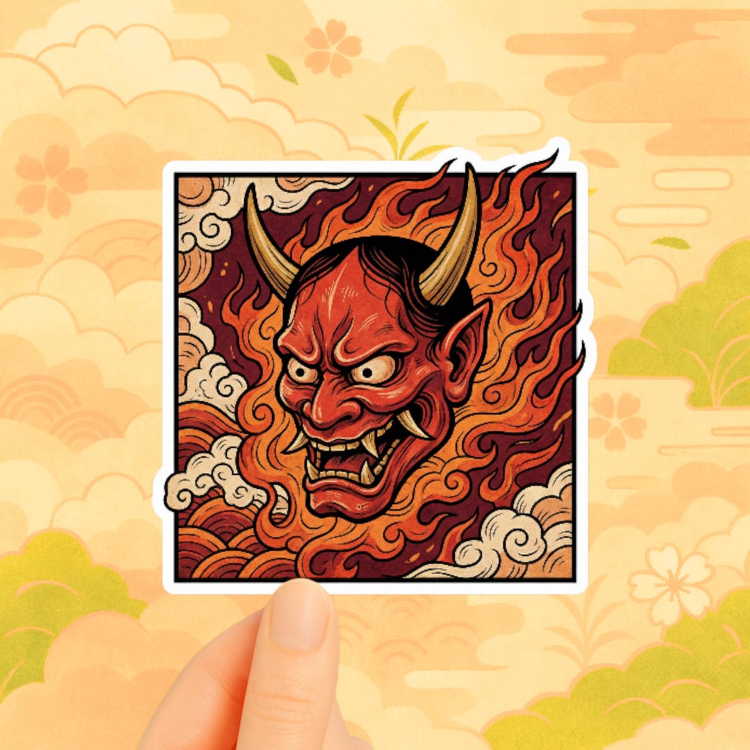 Original Design Hannya Mask and Flames Sticker - Japanese Demon Art ...