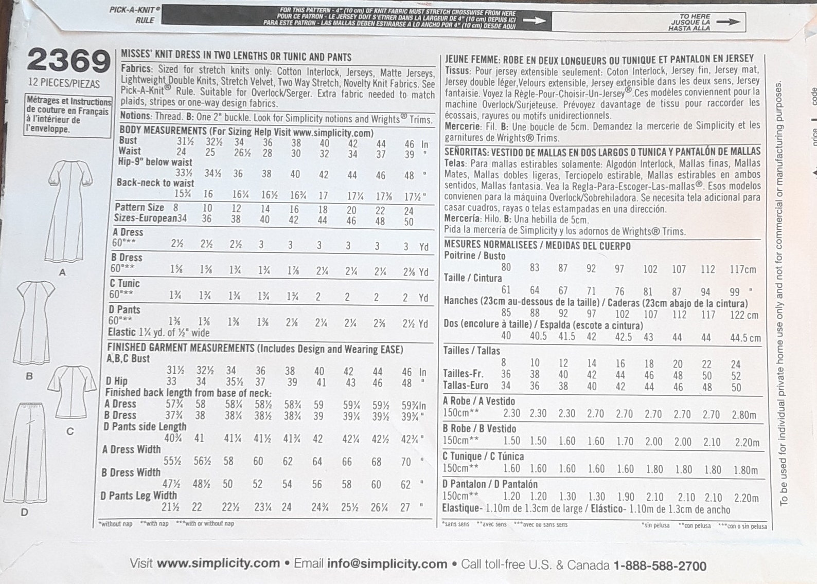 Simplicity 2369 **women's Knit Dress in Two Lengths or Tunic and Pants ...