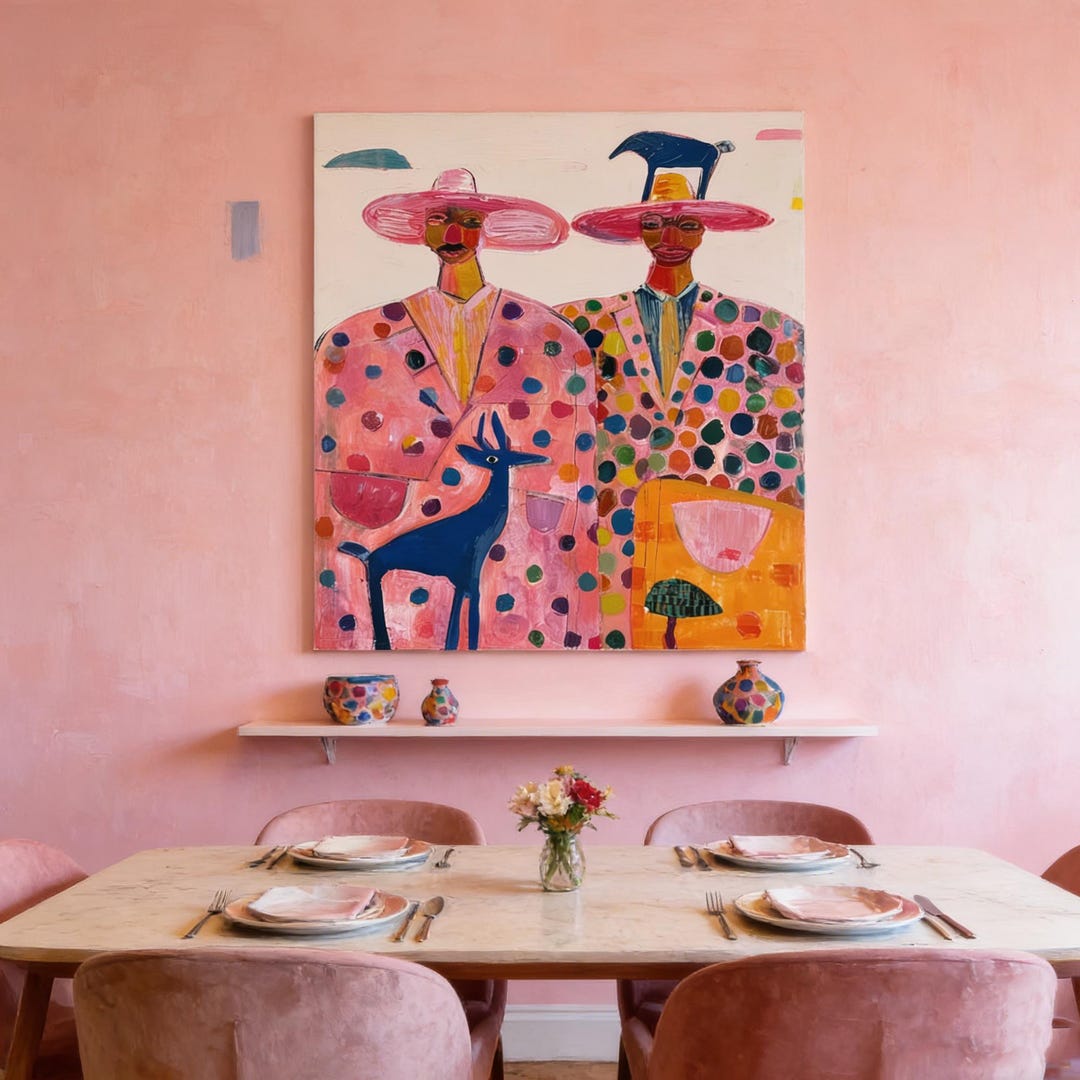 Abstract Two Men Portrait Oil Painting:pink People With Hat and Animals ...