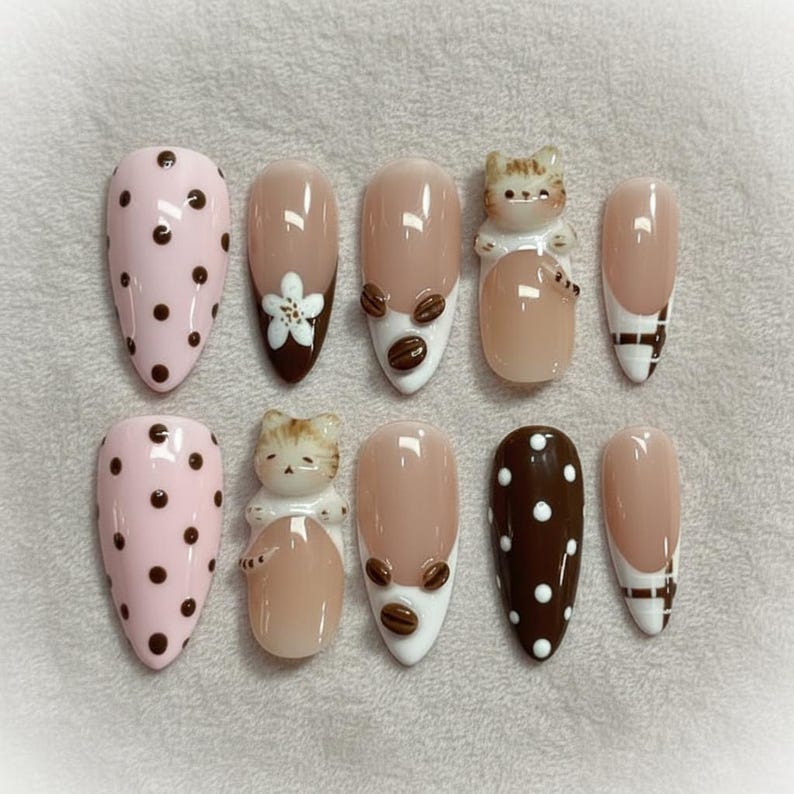 3D Cat Coffee Bean Press on Nails: Kawaii Handmade Gel Fake Nails - Etsy