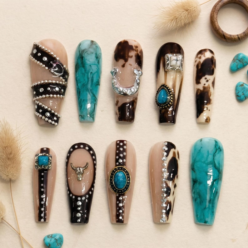 Cowboy Western Long Coffin Press on Nails: Turquoise Gemstone Cow ...