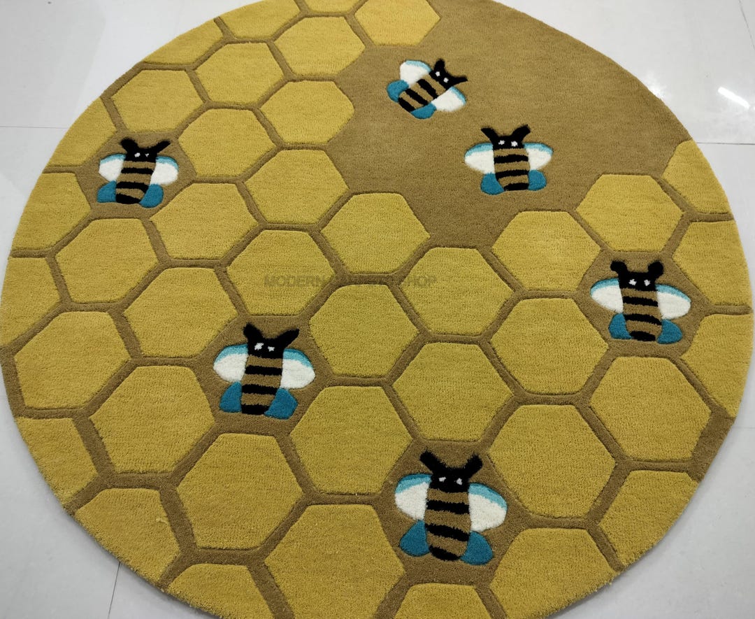 Hand Tufted Wool Round Rug, Honeycomb Bee Print, Kids Play Rugs: - Etsy