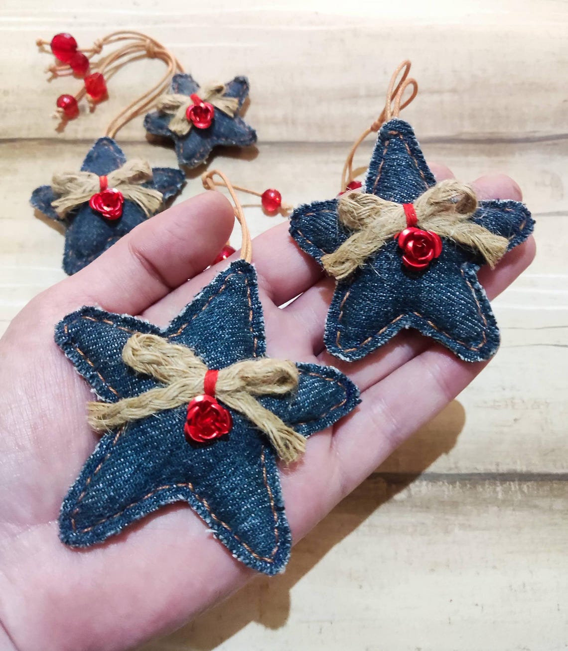 4 Stars Made From Recycled Denim Fabric. Handmade Christmas Tree ...