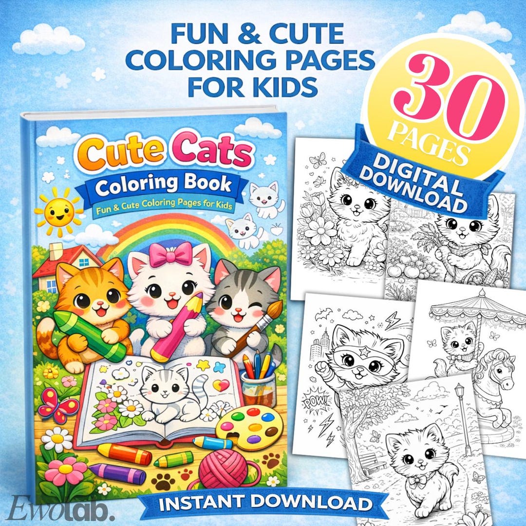 30 Cute Cats Coloring Pages for Kids – Printable Cat Coloring Book PDF ...