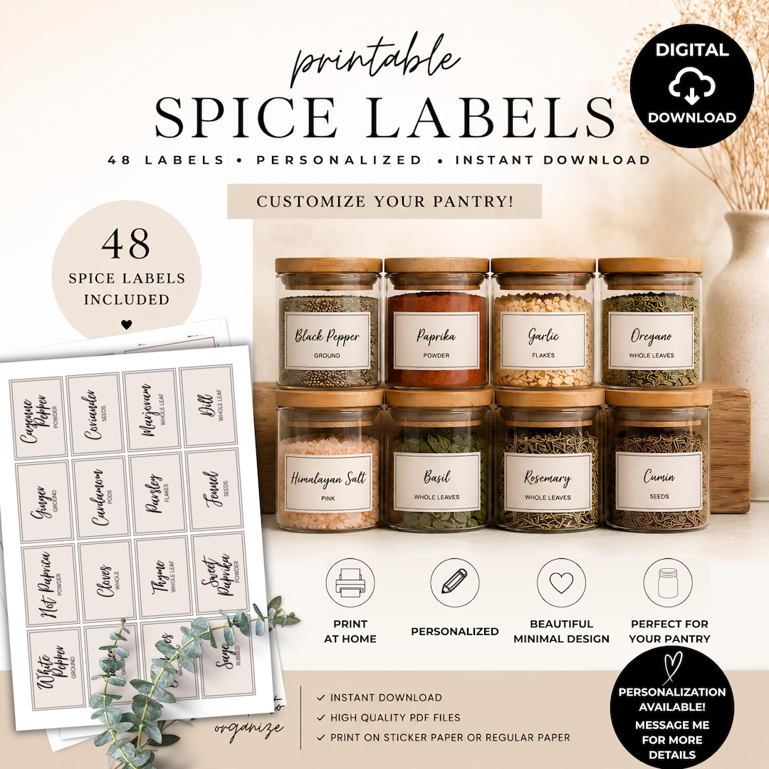 Printable Spice Labels Set, Personalized Pantry Labels, Custom Kitchen ...