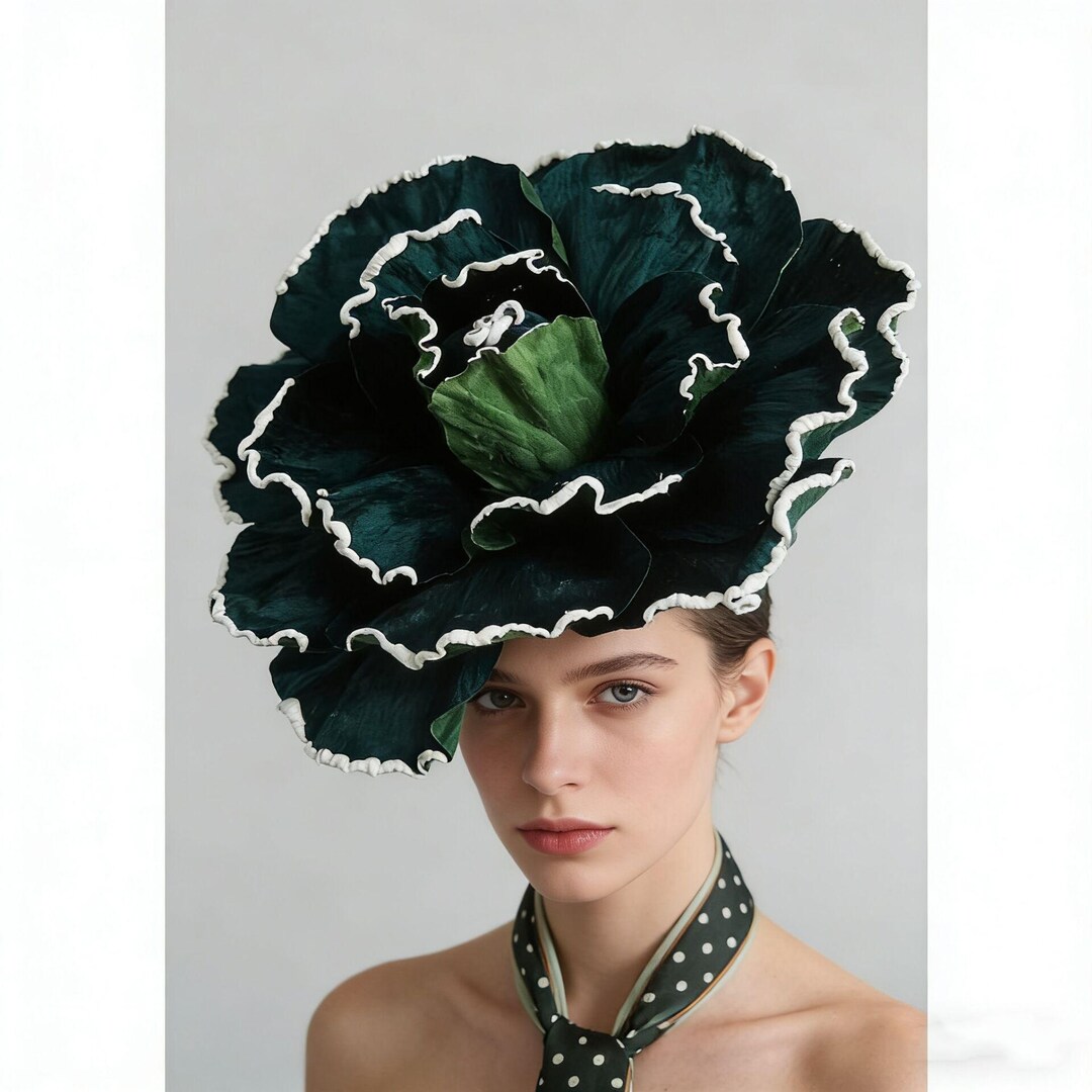 Oversized Forest Green Velvet Carnation Fascinator With White Piping ...