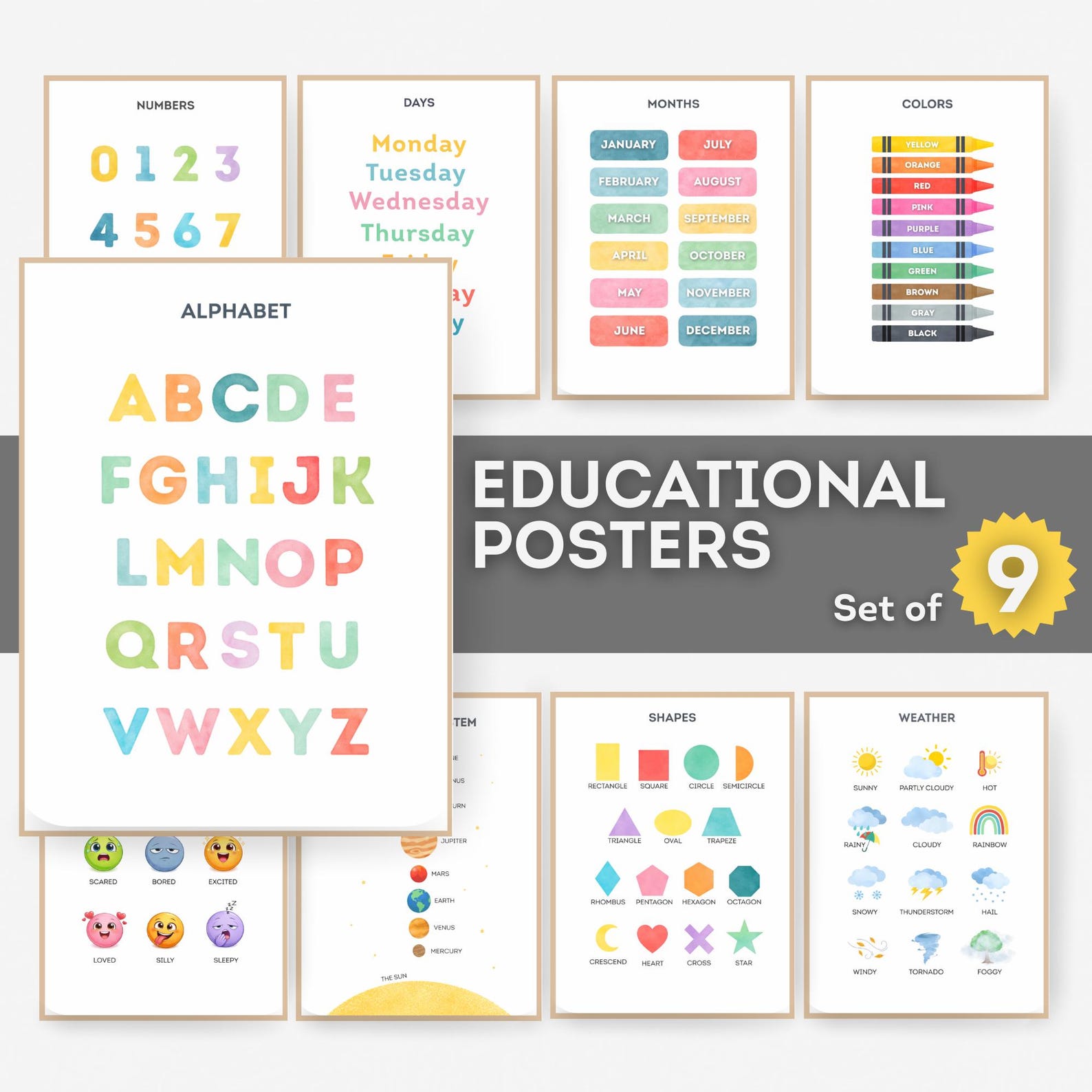 Kids Educational Posters, Set of 9 | Nursery Wall Art Prints (digital ...