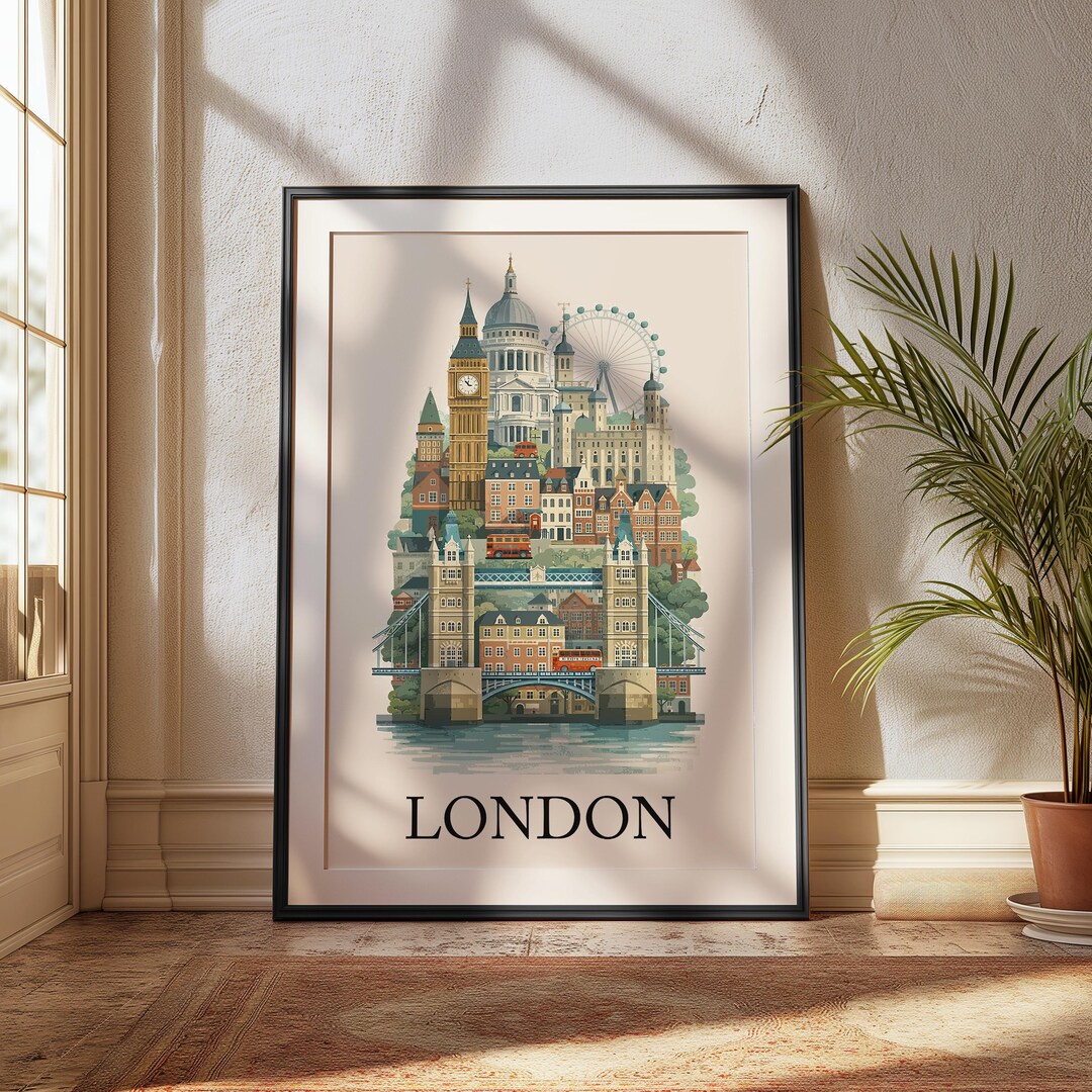 London Skyline Classic Landmarks Poster, Vintage Style Travel Wall Art ...