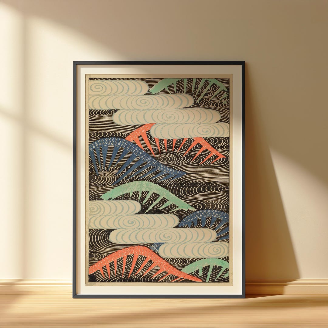 Japanese Clouds and Waves Pattern Print, Vintage Japanese Design Wall ...