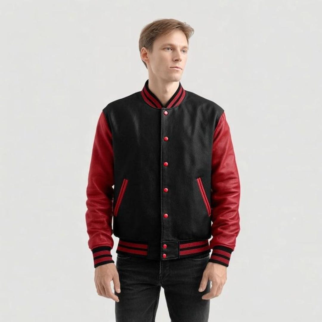 Black Wool Varsity Jacket | Red Leather Sleeves, Unisex Bomber - Etsy