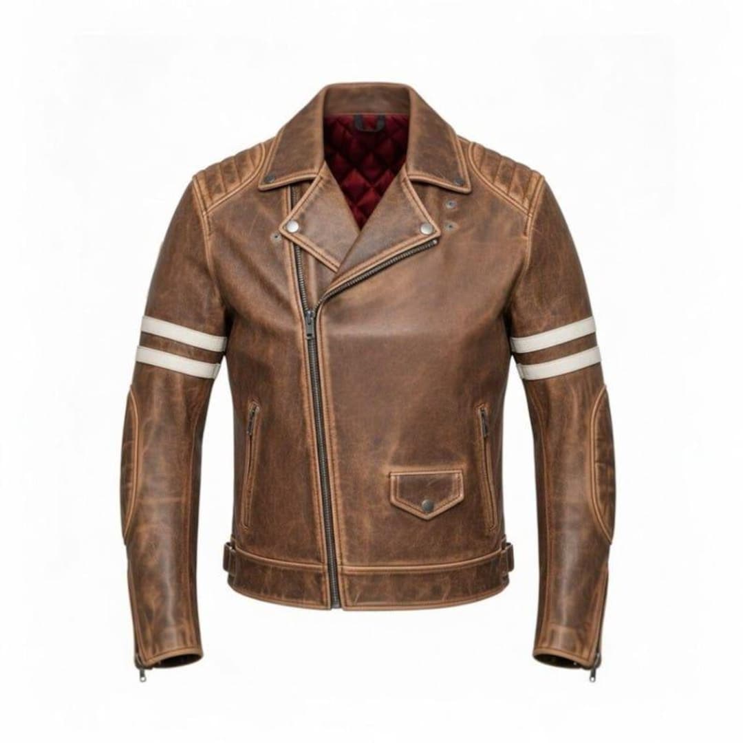 Vintage Brown Leather Motorcycle Jacket | Striped Sleeve Café Racer ...
