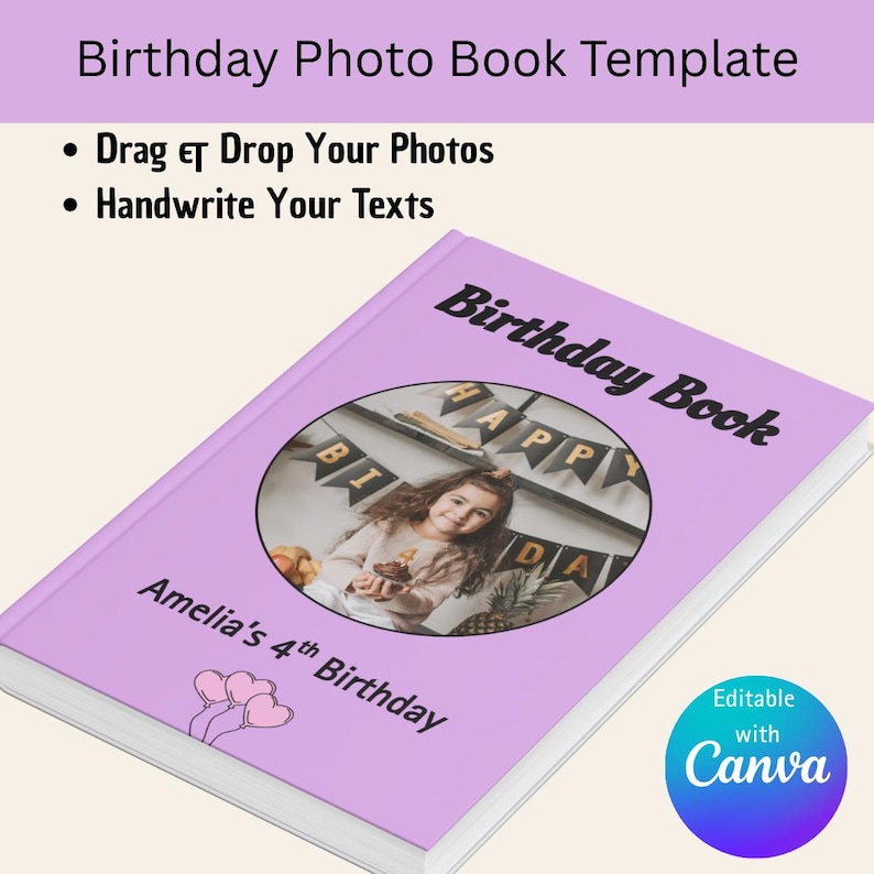 Kids Birthday Photo Book Canva Template, Editable Memory Album (digital ...