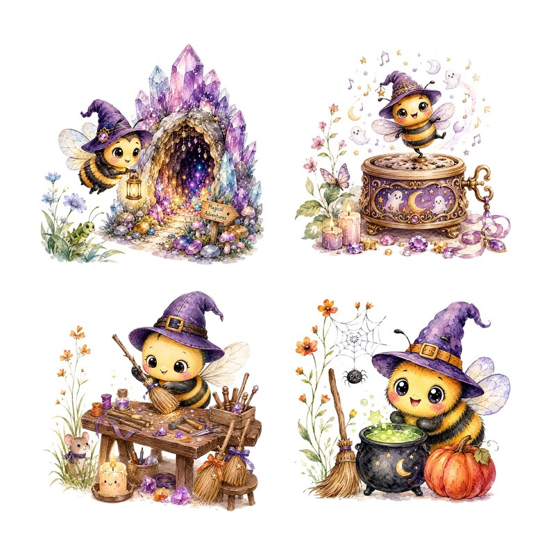 Halloween Witch Bee Clipart Bundle, Watercolor Autumn Graphics, Spooky ...
