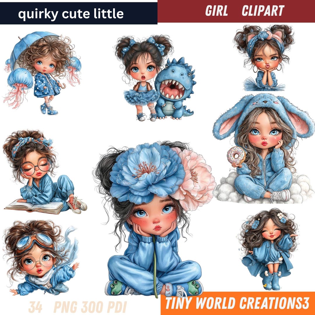 33 Quirky Cute Little Girl Clipart Bundle, Printable Watercolor ...