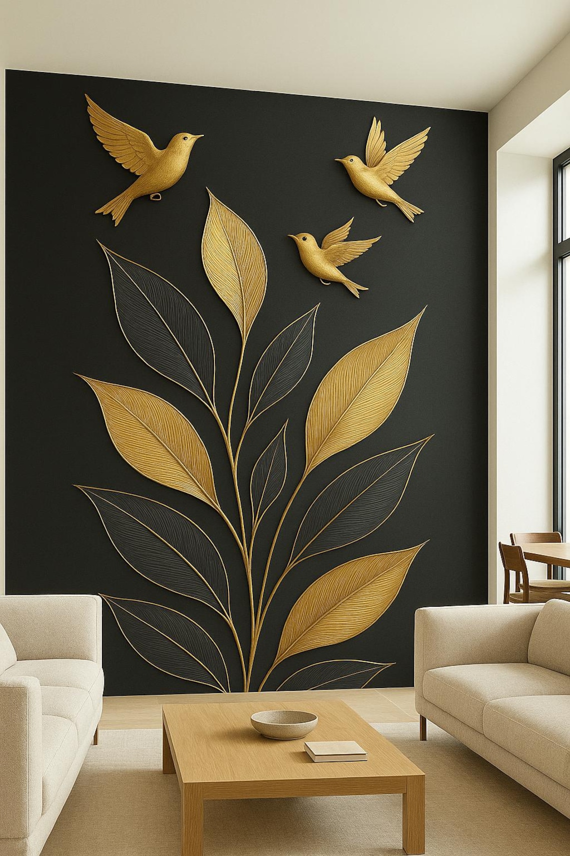 Gold Botanical Wall Mural, Elegant Bird & Leaf Wallpaper, Luxury Nature ...